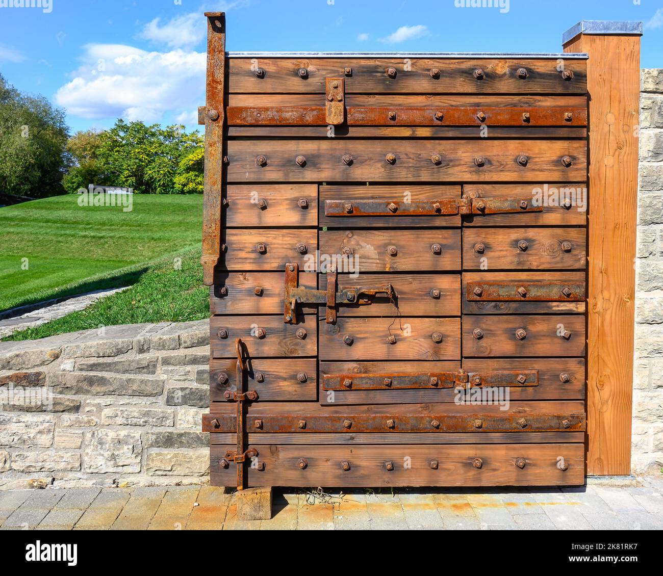 Fortified entrance gate in the stone surrounding fence. Fort York is a ...