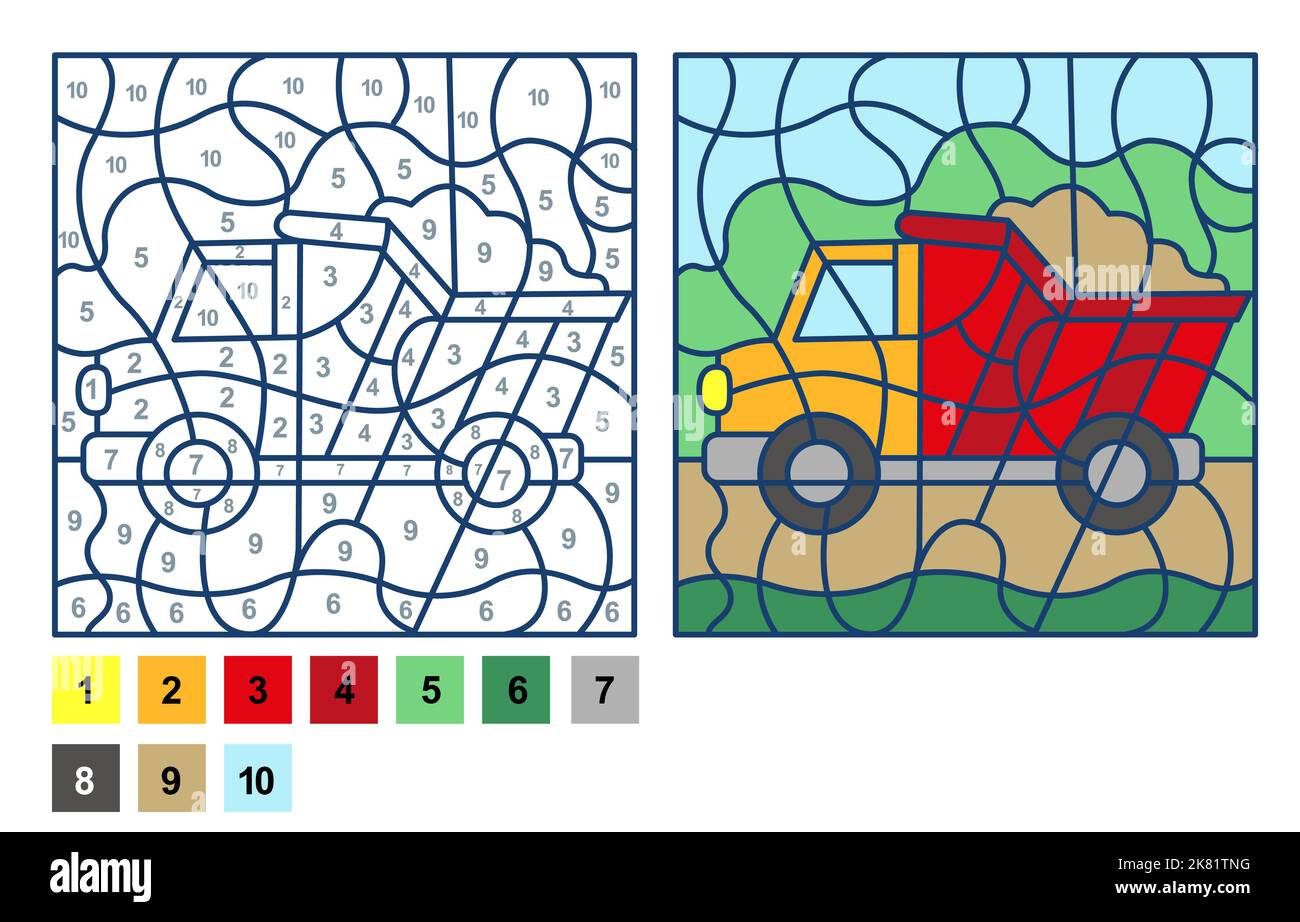 Puzzle game truck car, color by number sheet for children. Vector ...