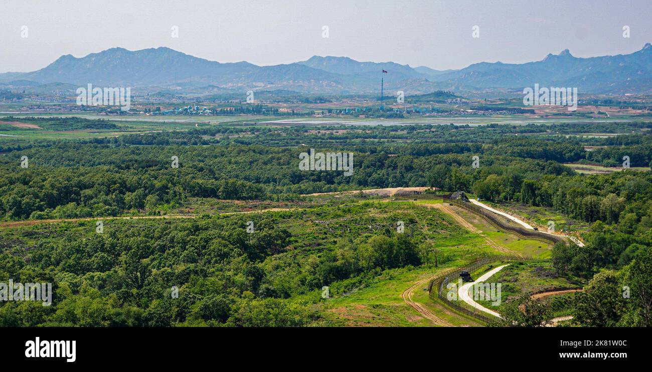 A North Korean flag is seen in its propaganda border village of ...