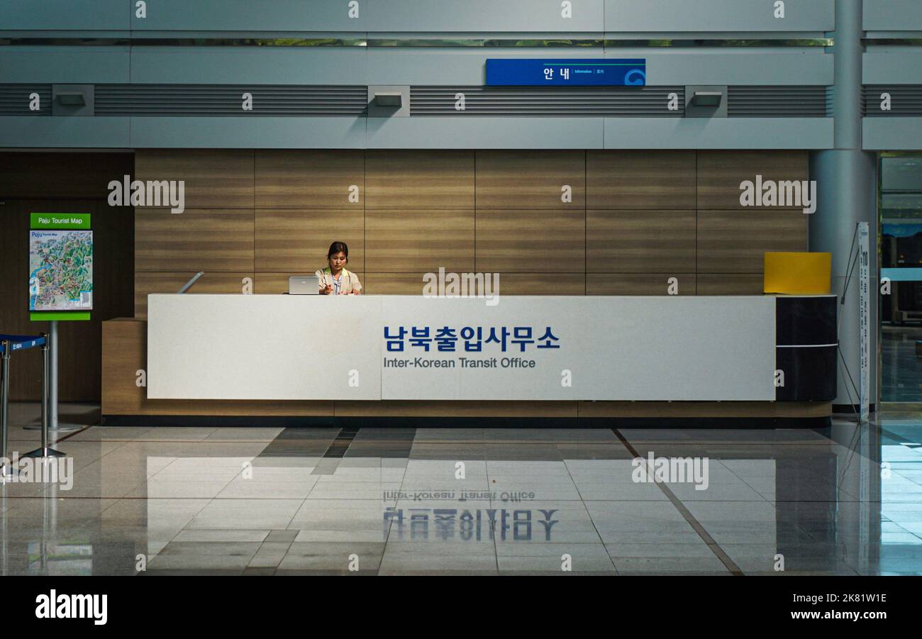 A receptionist seen at the Inter-Korean Transit Office at Dorasan ...