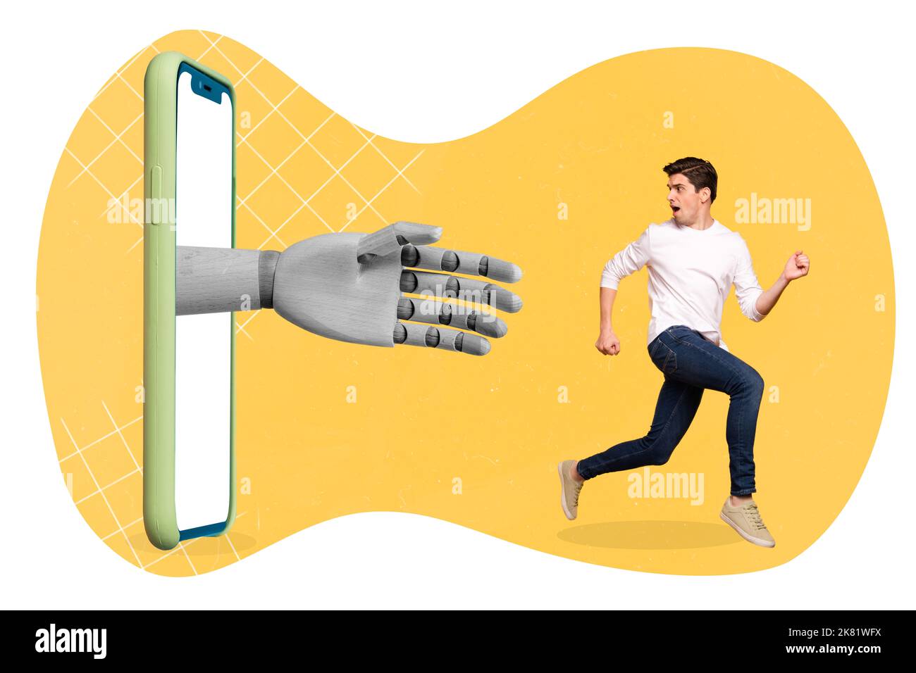 Creative photo 3d collage artwork poster of scared boy afraid big hand ...