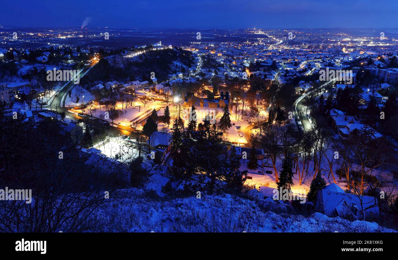 Pecs city at night from above in blue hour Stock Photo - Alamy