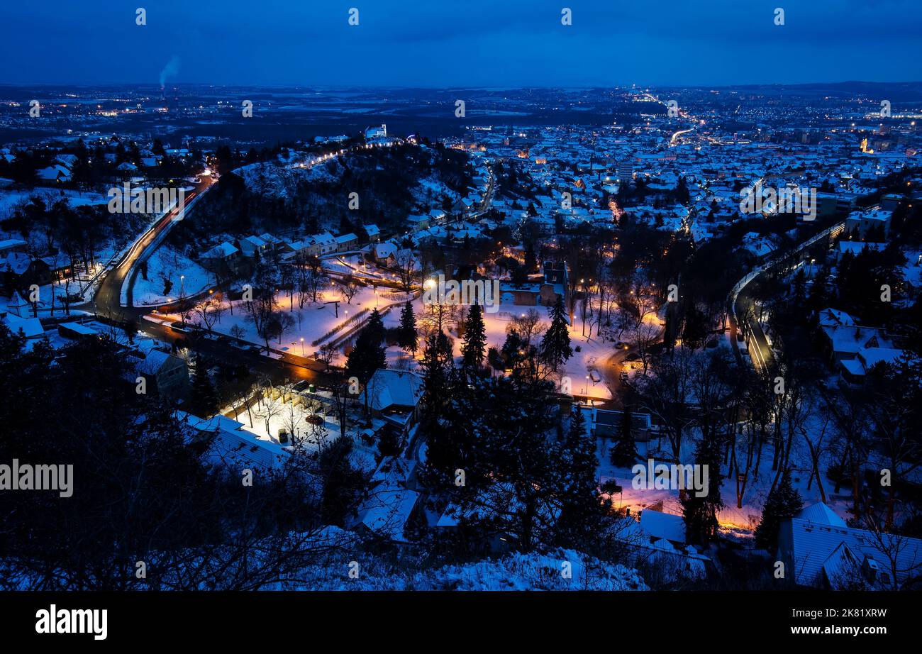 Pecs city at night from above in blue hour Stock Photo - Alamy