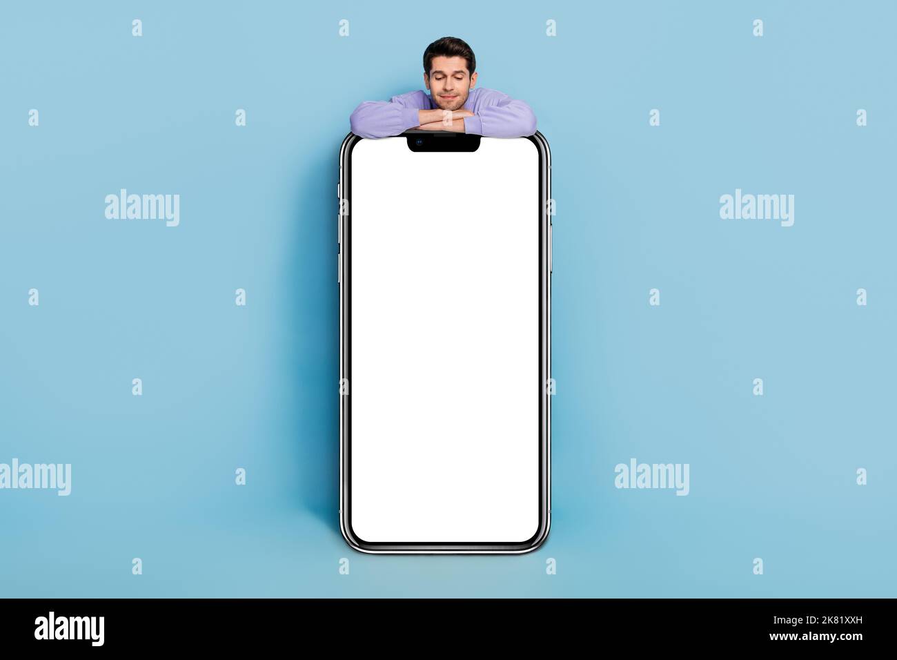 Full length body size view of attractive calm dreamy guy copy empty ...