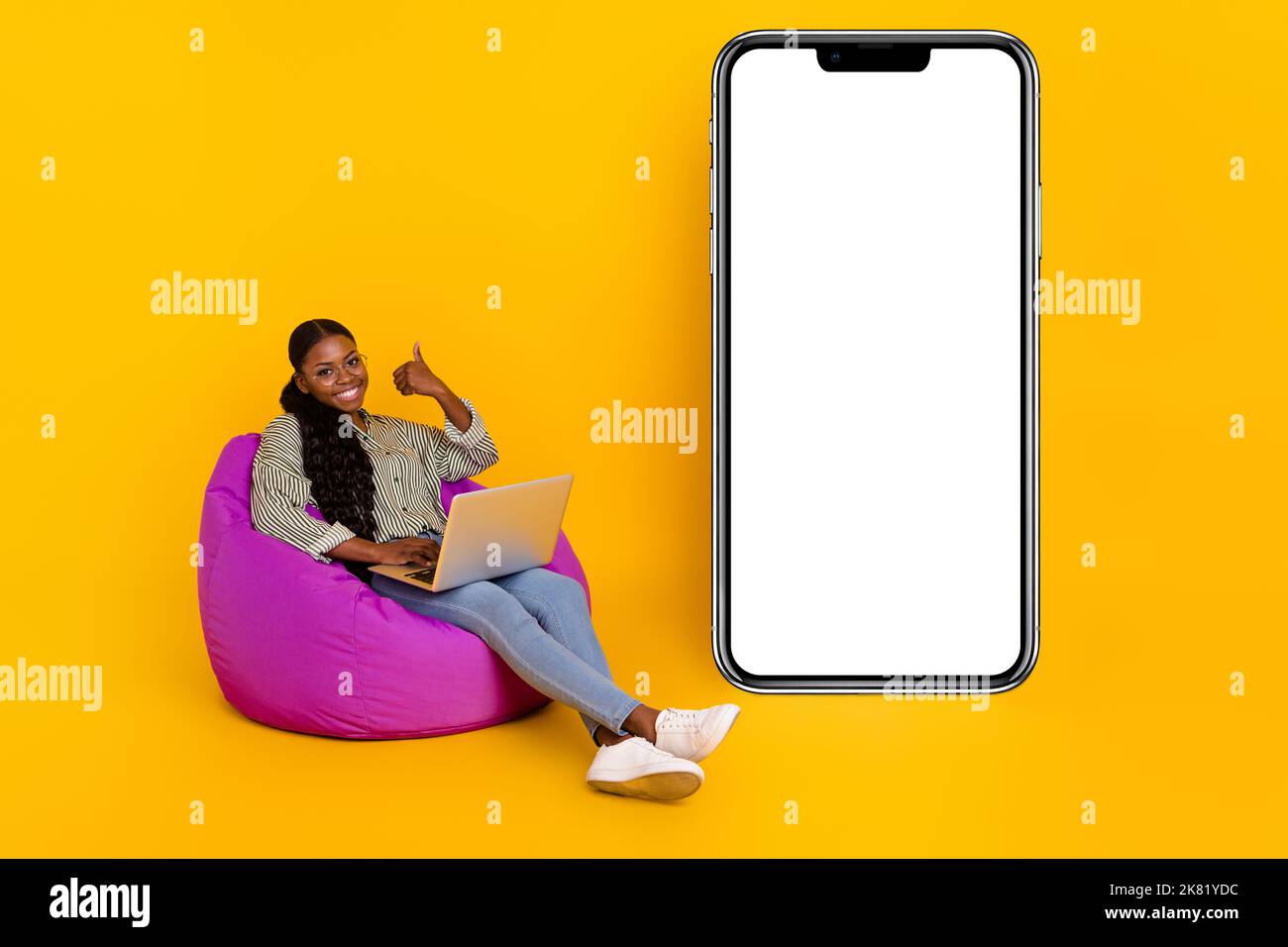 Full length photo of attractive lady sit cozy bag use netbook show ...