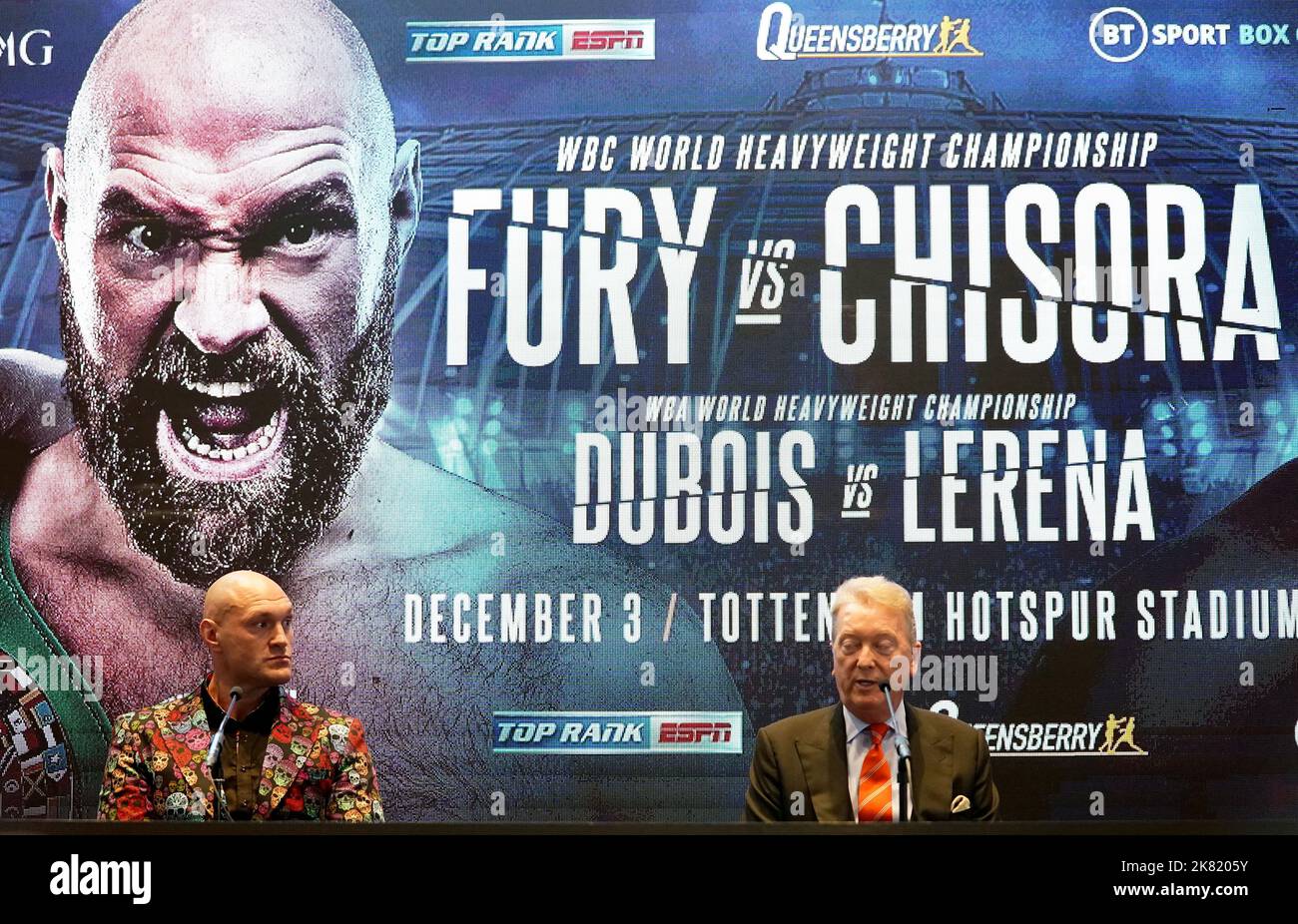 Tyson Fury (left) and promoter Frank Warren during a press conference ...