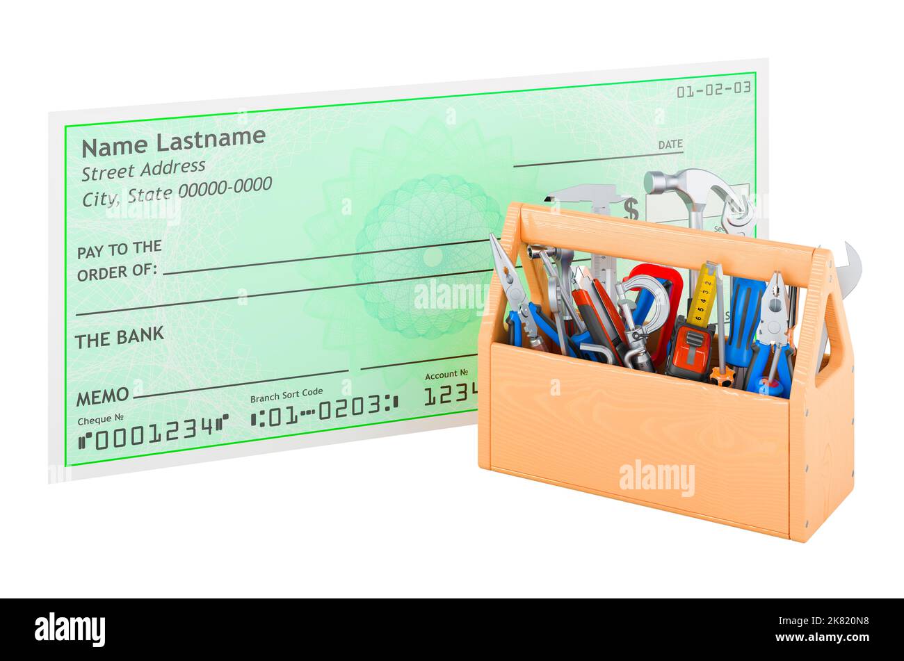 Bank check with tool box, 3D rendering isolated on white background ...