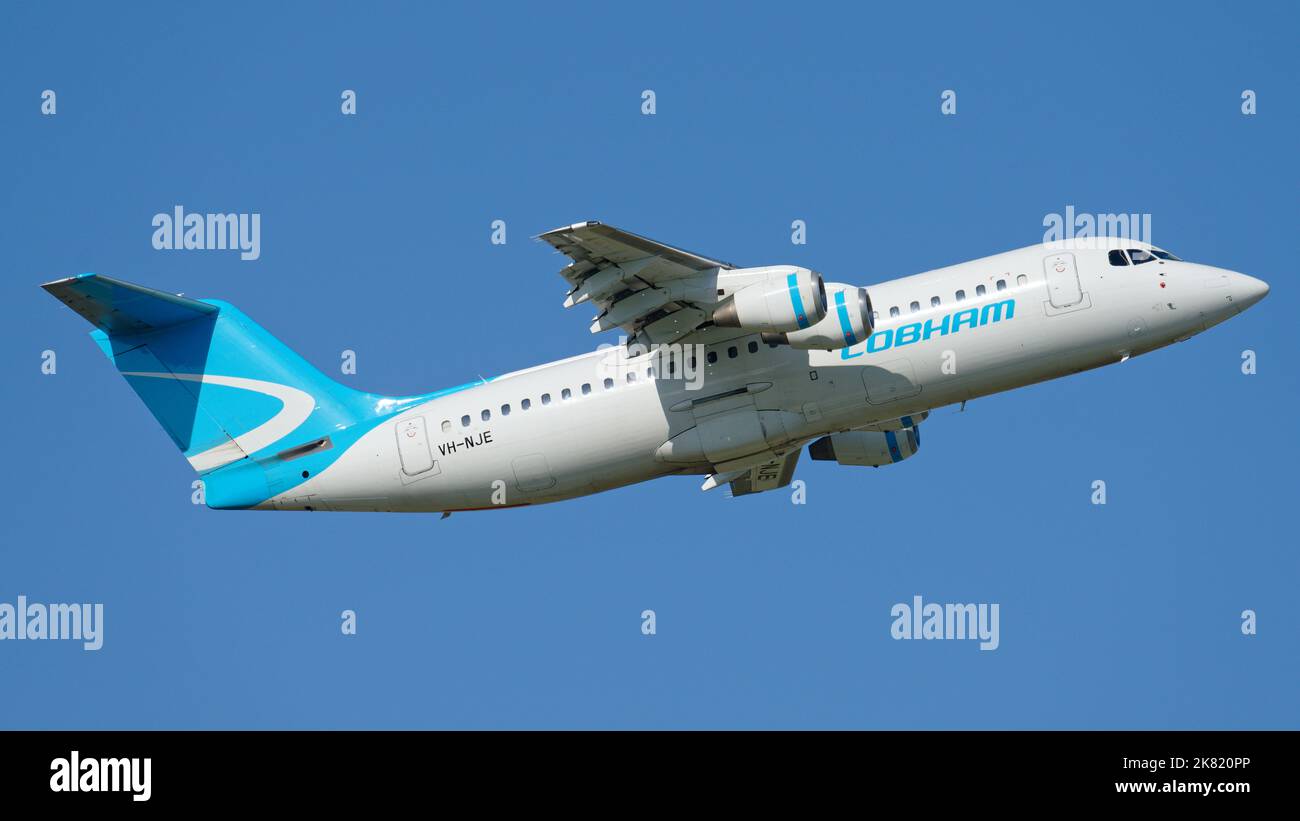 Cobham Avro RJ-100 taking off from Adelaide Airport (YPAD Stock Photo ...