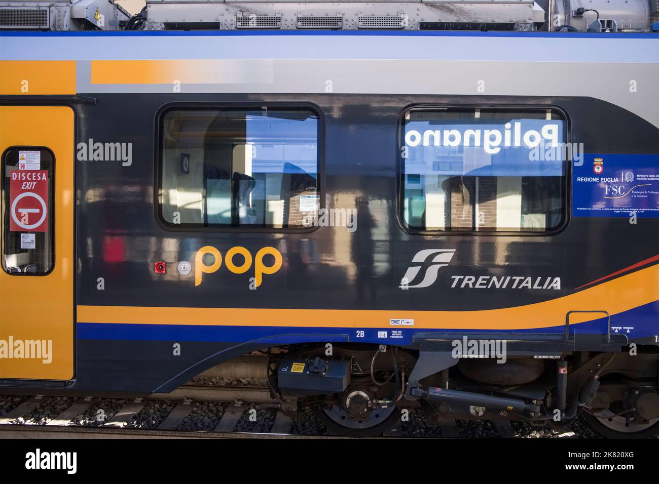 Italy, region of Apulia: Polignano a Mare station. Train of the railway ...