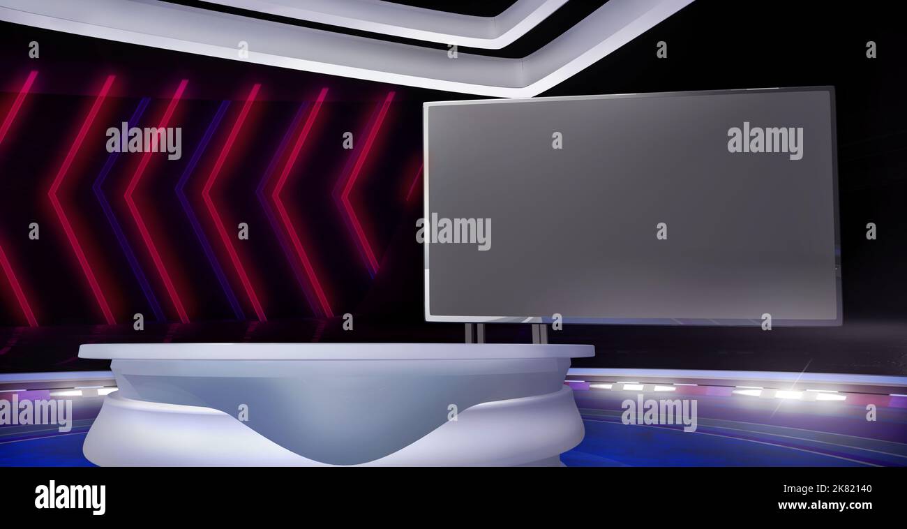 Virtual TV show background with a desk and a empty monitor screen. 3D ...