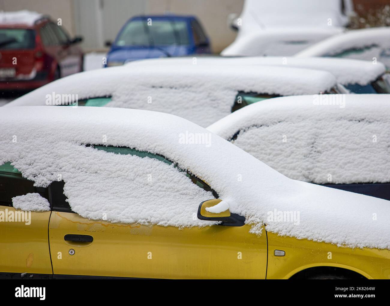 Many cars covered with snow in car park Stock Photo - Alamy