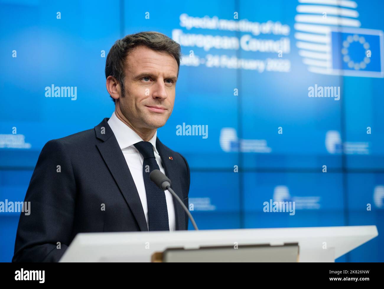 Belgium, Brussels, on February 25, 2022: Emmanuel Macron, President of ...