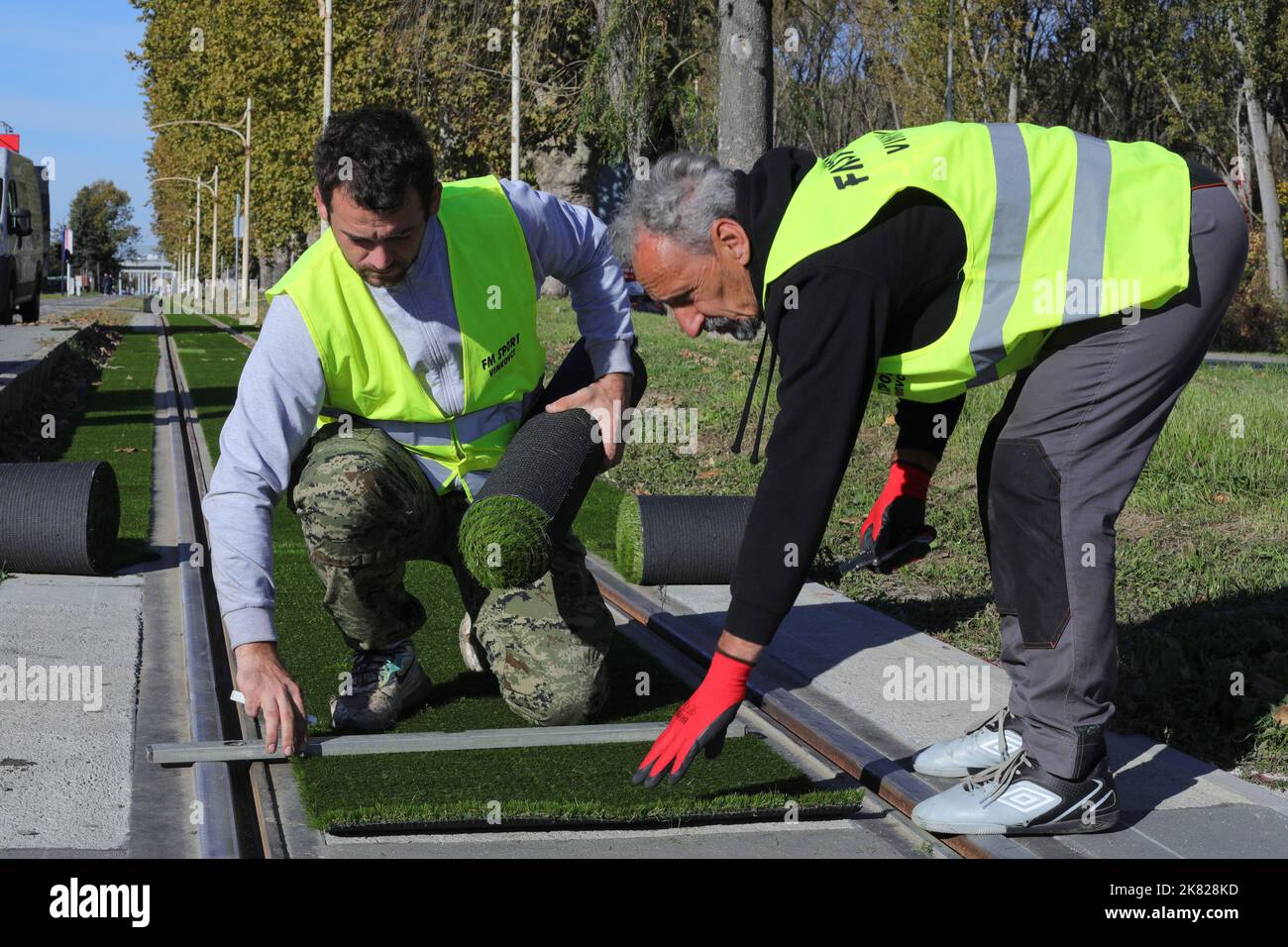 Decorative artificial grass is installed on the tram line, in Osijek ...