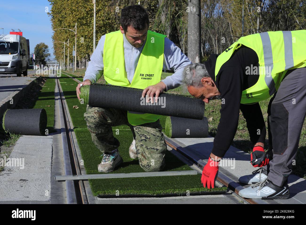 Decorative artificial grass is installed on the tram line, in Osijek ...