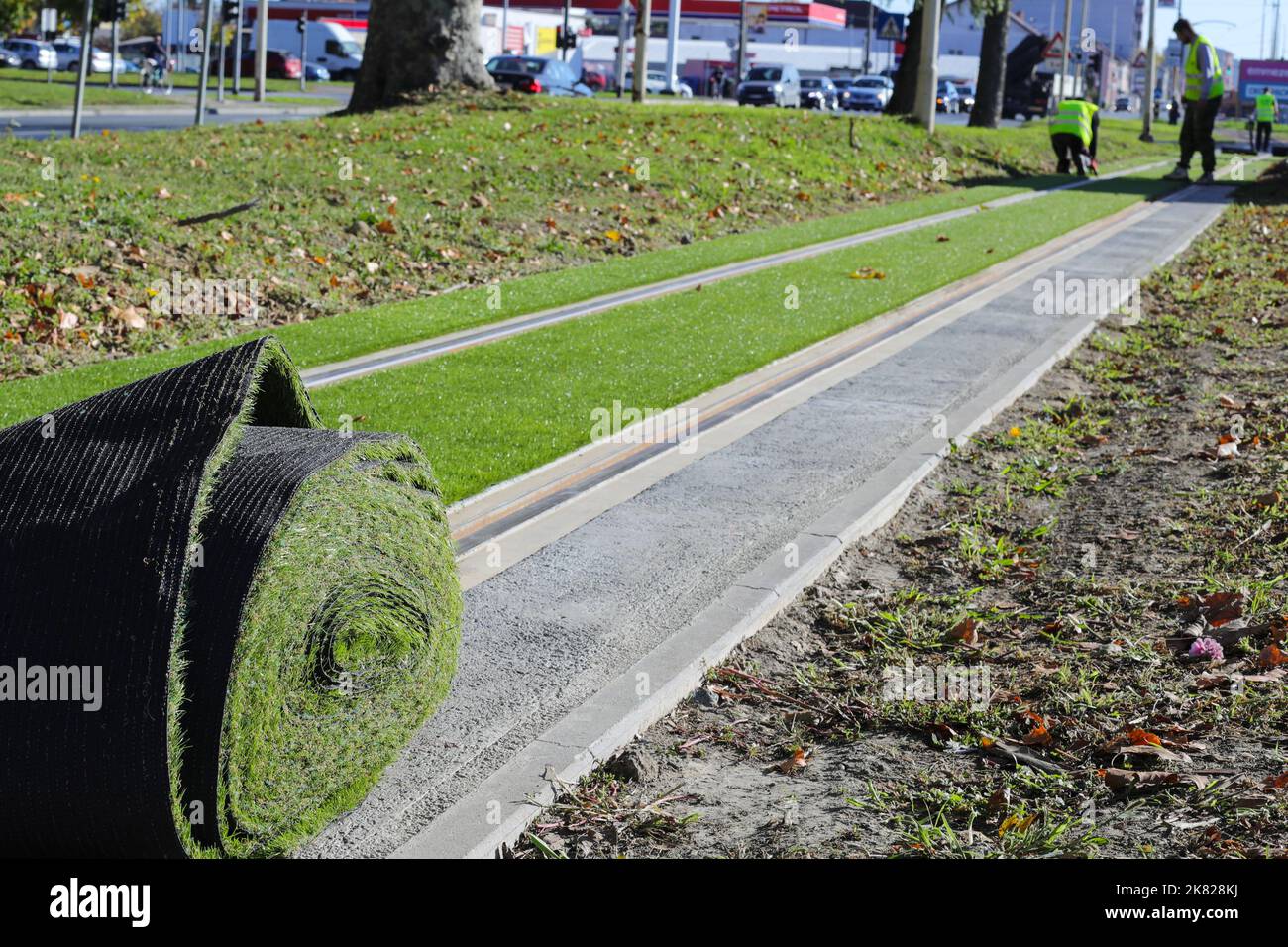 Decorative artificial grass is installed on the tram line, in Osijek ...