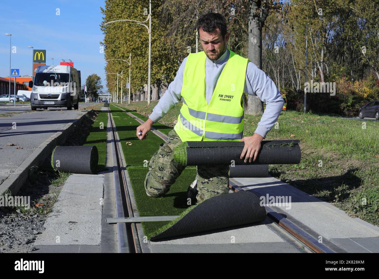 Decorative artificial grass is installed on the tram line, in Osijek ...