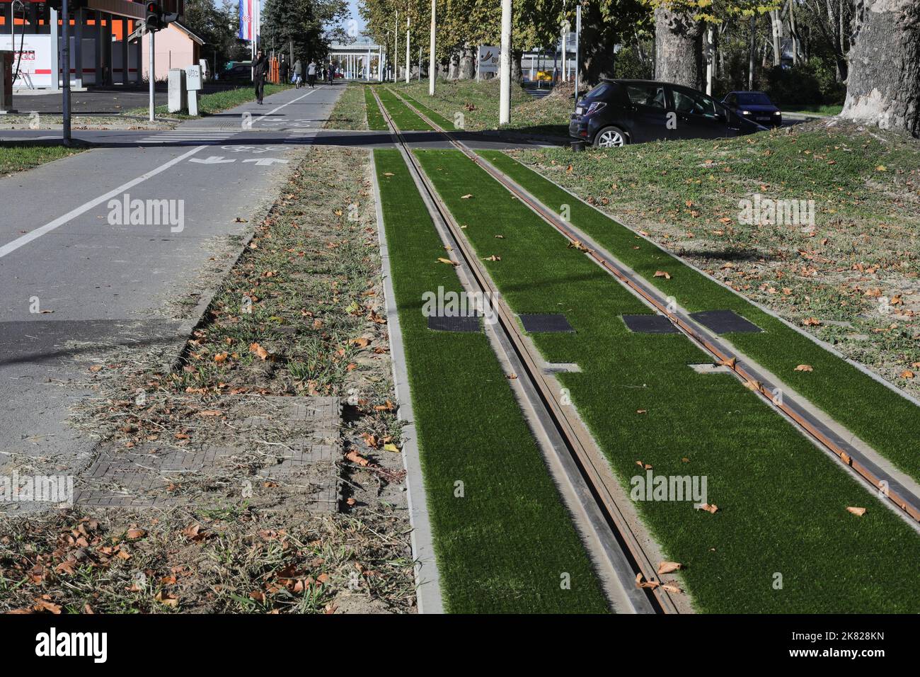Decorative artificial grass is installed on the tram line, in Osijek ...