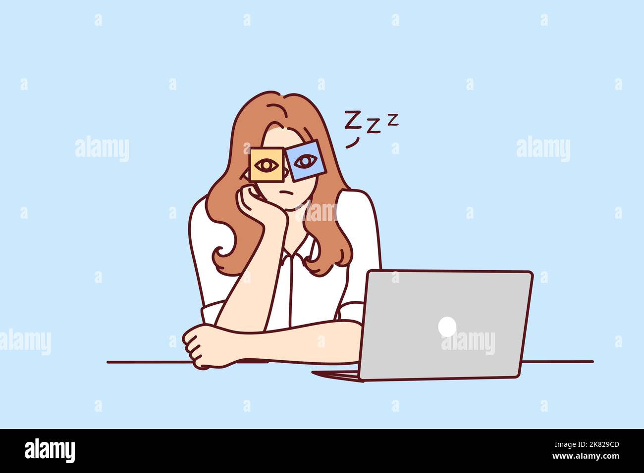 Exhausted young woman sit at desk work on computer overwhelmed with ...