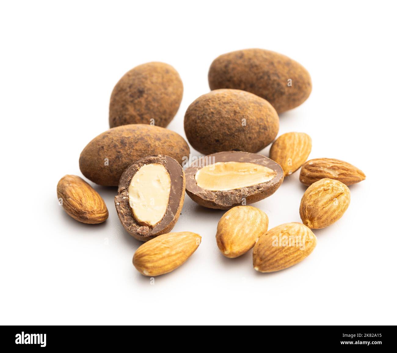 Almonds in chocolate coated in cocoa powder isolated on a white ...