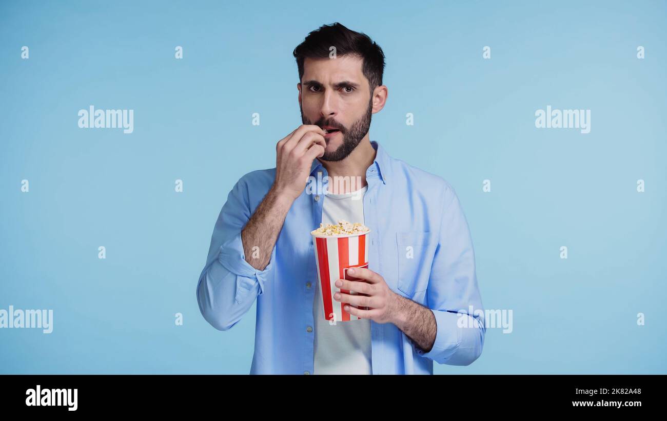 bearded man holding red bucket and eating popcorn isolated on blue ...