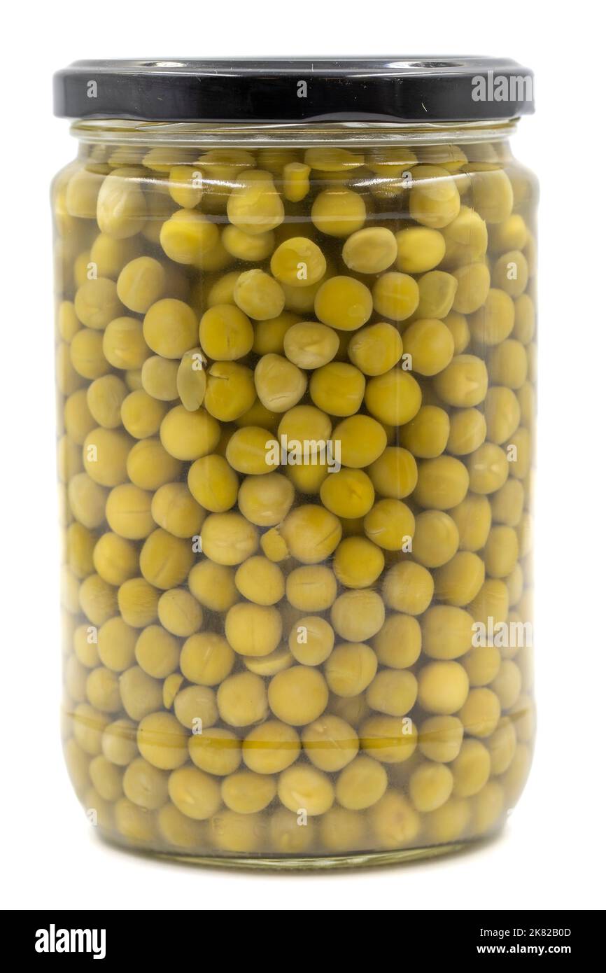 Canned peas in glass jar isolated on white background Stock Photo - Alamy