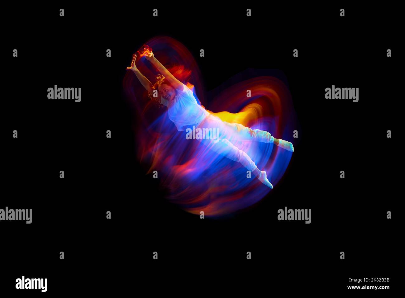 Levitation. One flying, jumping dancer or gymnast performing tricks in ...