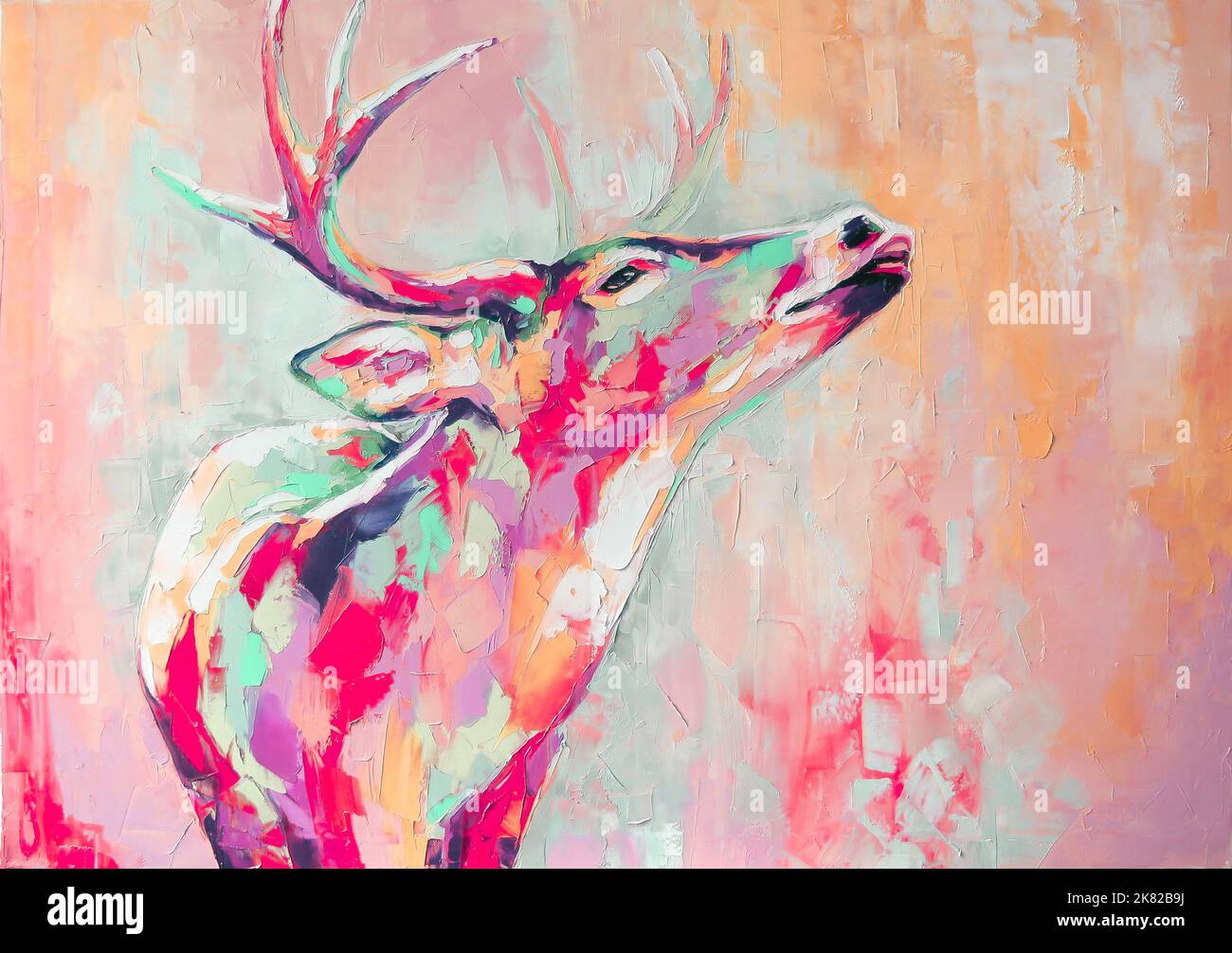 Oil deer portrait painting in multicolored tones. Closeup painting by ...