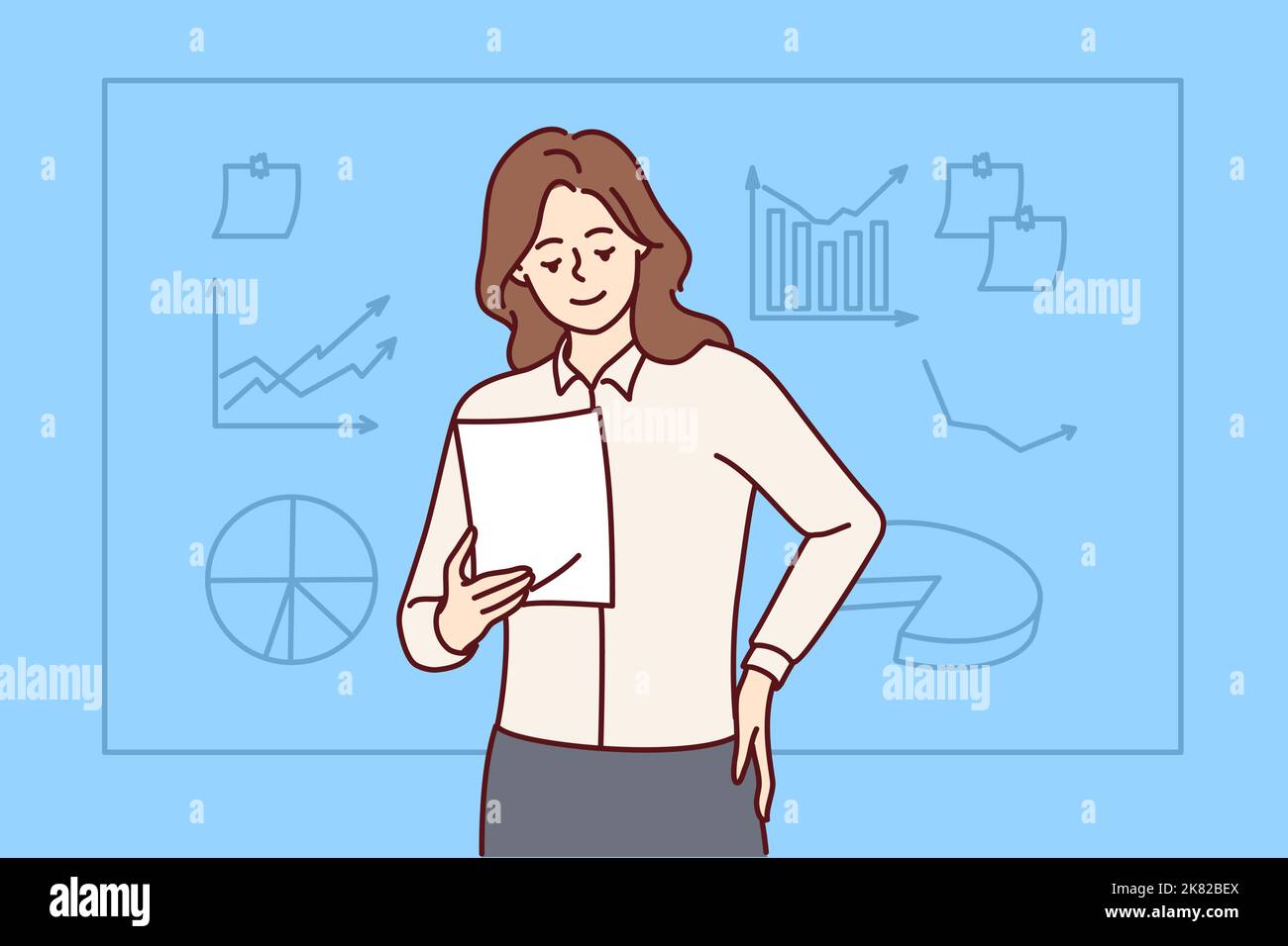 Businesswoman hold document make business presentation near board in ...