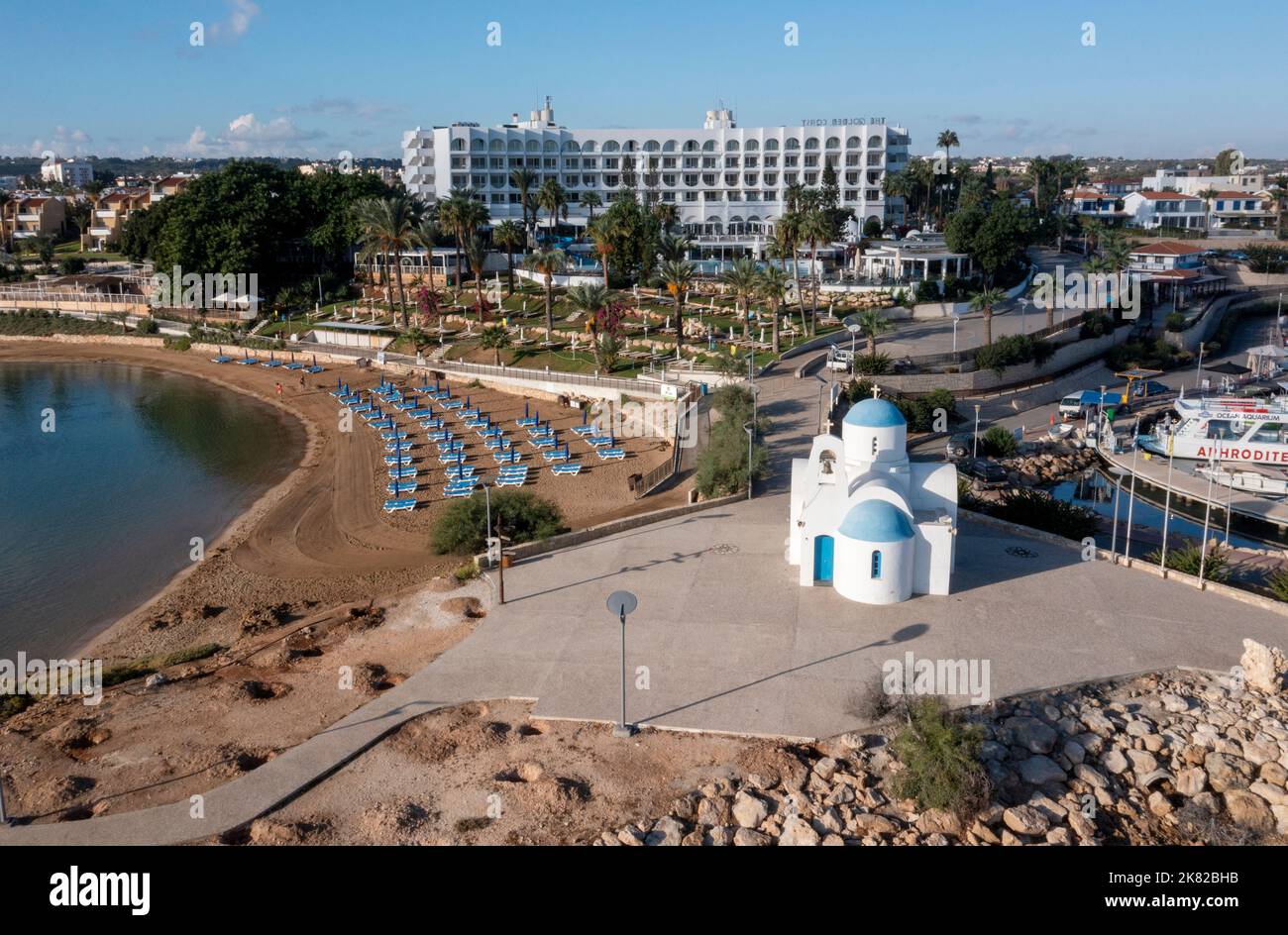 Aerial view of Agios Nikolaos church situated at Pernera harbour ...