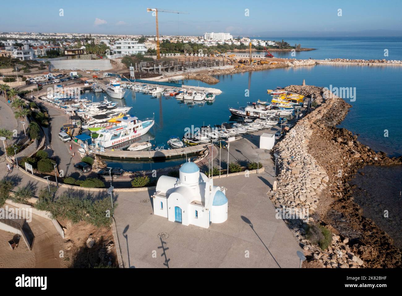 Aerial view of Agios Nikolaos church situated at Pernera harbour ...