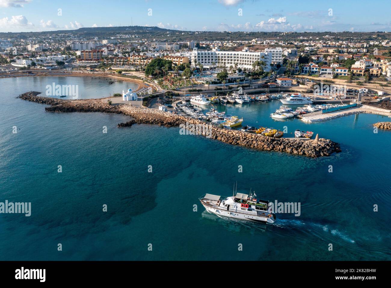 Aerial view of the St Georgios cruise boat departing from Pernera ...