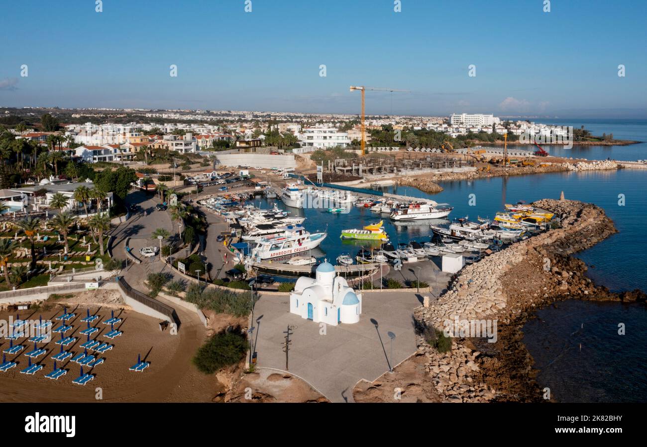 Aerial view of Agios Nikolaos church situated at Pernera harbour ...