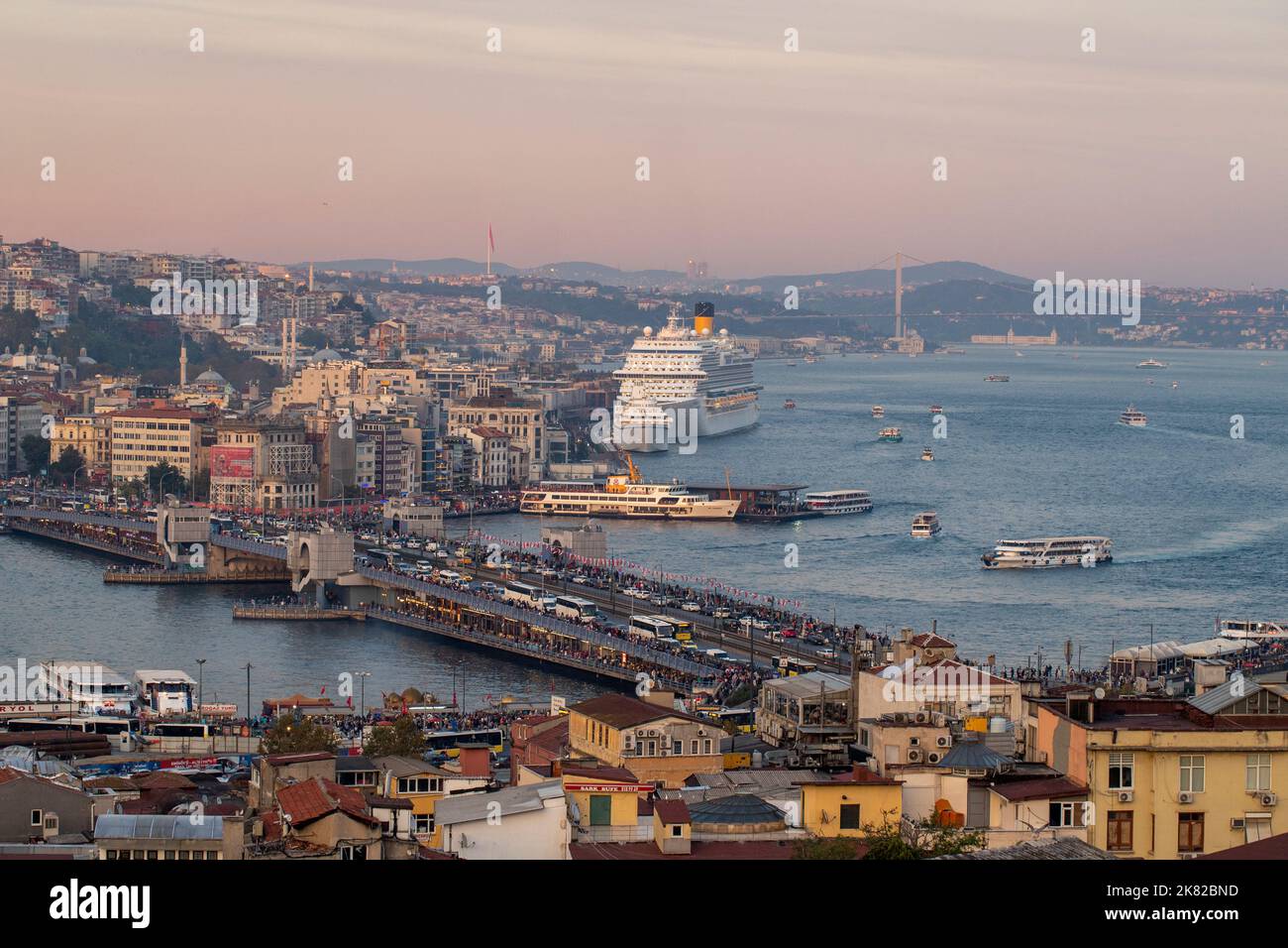 Istanbul Bosphorus Bridge and Galata Bridge. Bosphorus view taken from ...