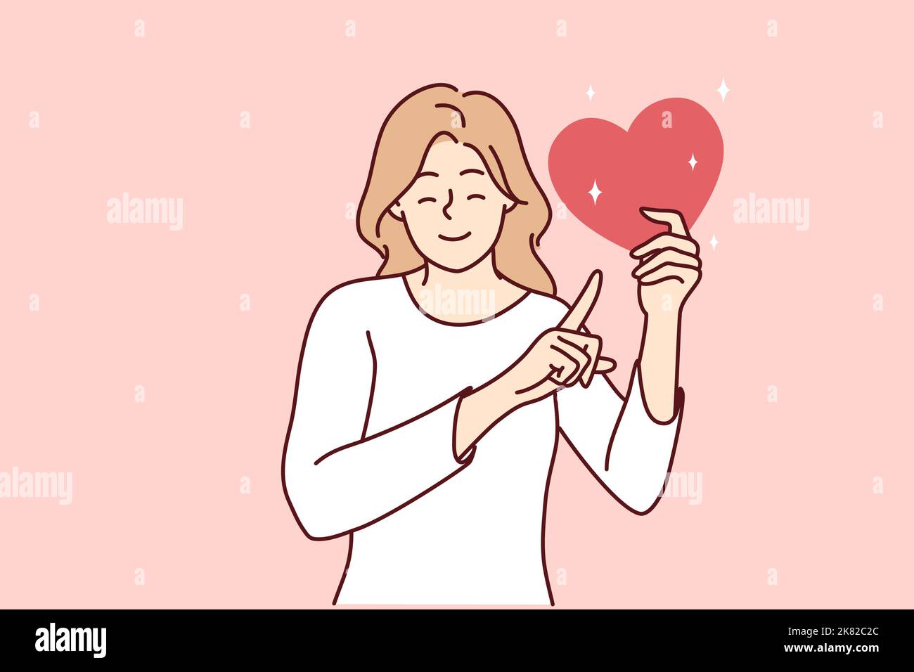 Happy young woman hold heart show with finger ask for donation or ...