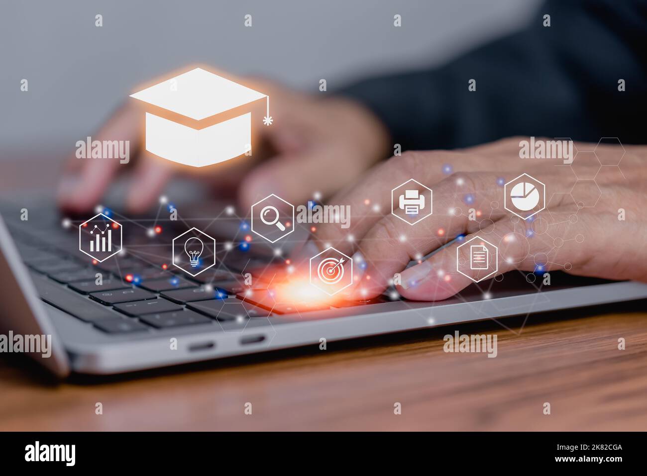 Businessman using laptop computer icon virtual screen education online ...