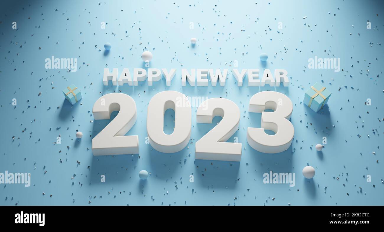 New year 2023 flat lay image, 3d white letter with light blue ...