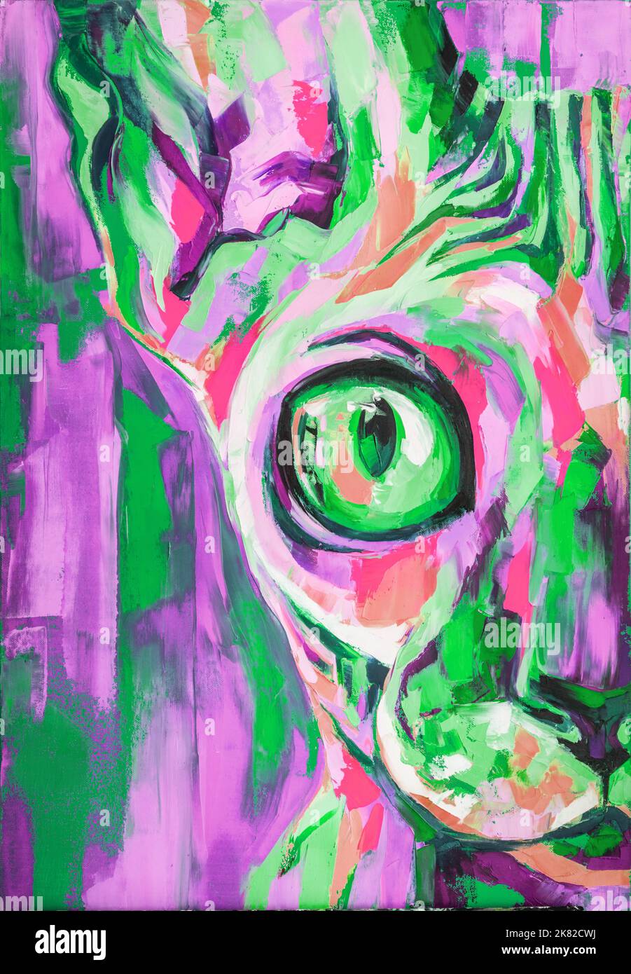 Oil phoenix cat portrait painting in fluorescent tones. Conceptual ...