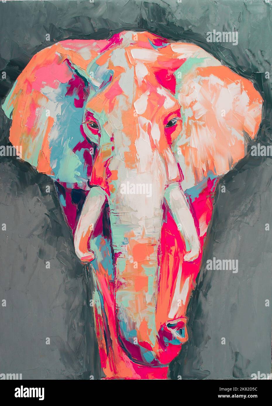 Oil elephant portrait painting in multicolored tones. Conceptual ...