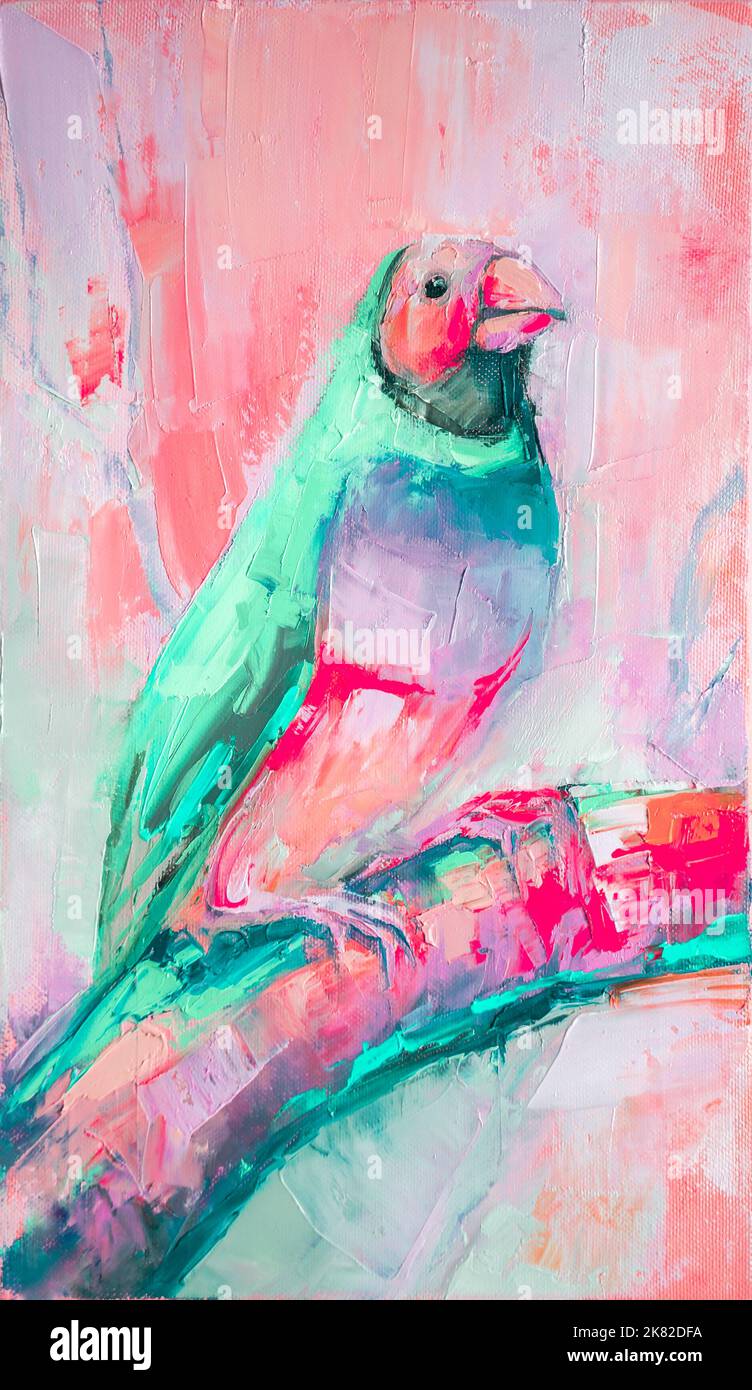 Oil bird portrait painting in multicolored tones. Conceptual abstract ...