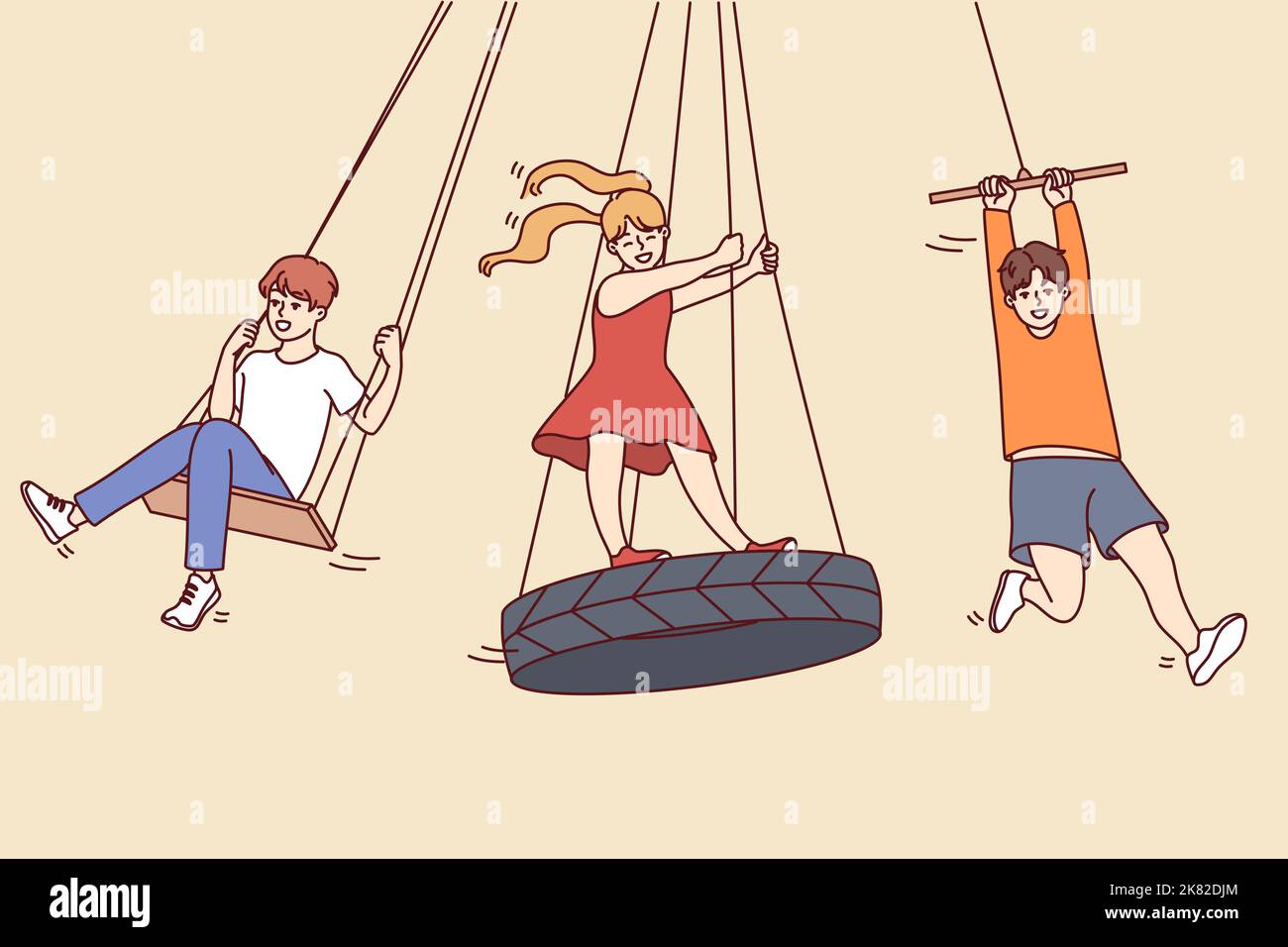 Happy children have fun riding on swings outdoors. Smiling kids enjoy ...