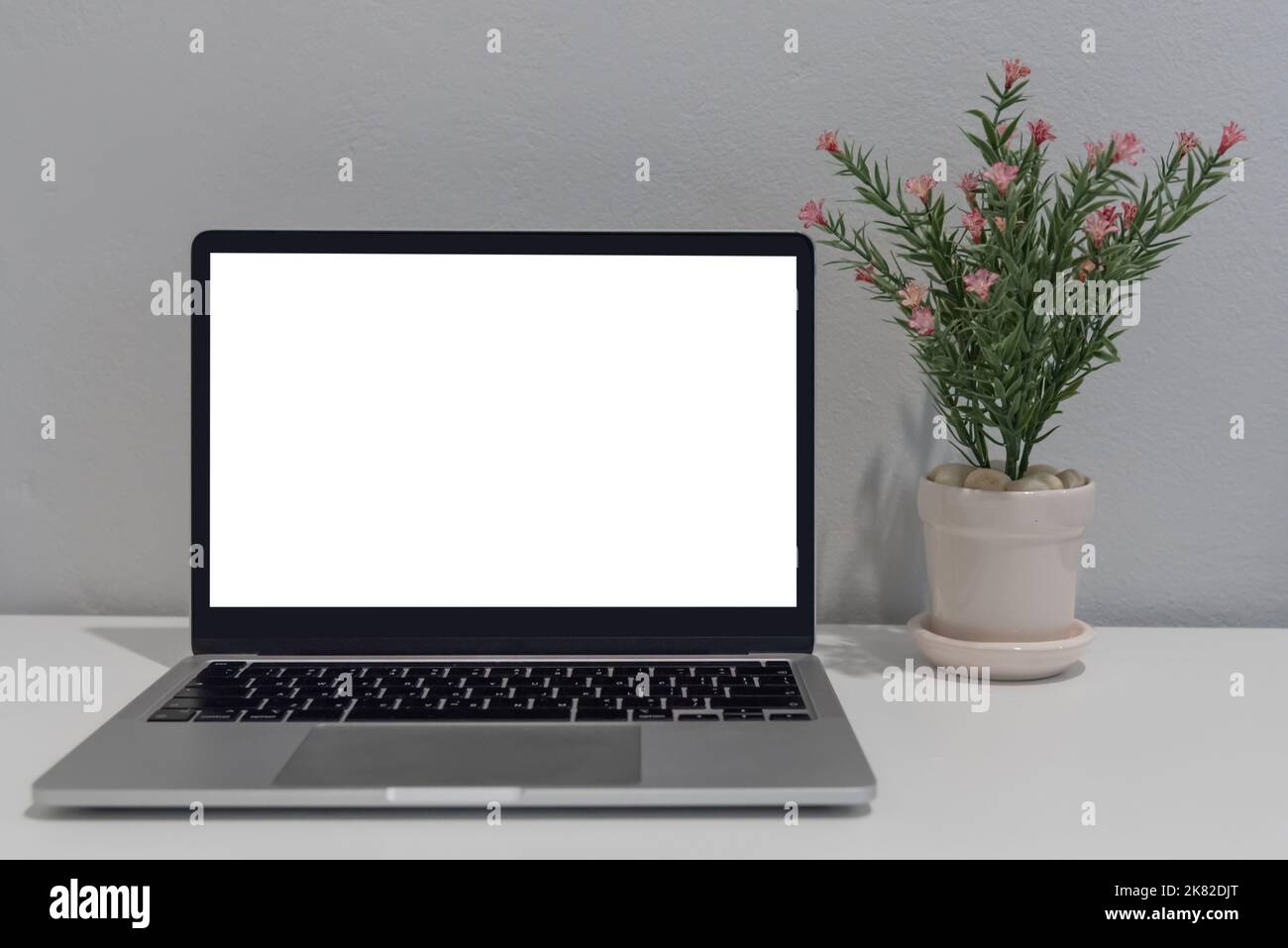 Computer laptop mock up with blank screen on desk.modern technology ...