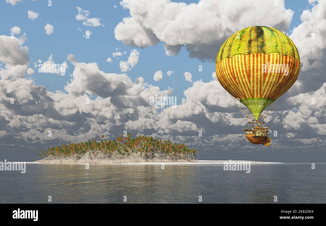 Fantasy hot air balloon over the sea with an island Stock Photo - Alamy