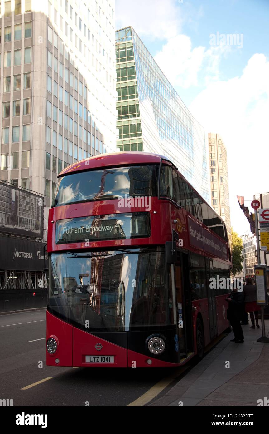 New (so called Boris) Bus and modern buildings, Victoria, London, UK ...
