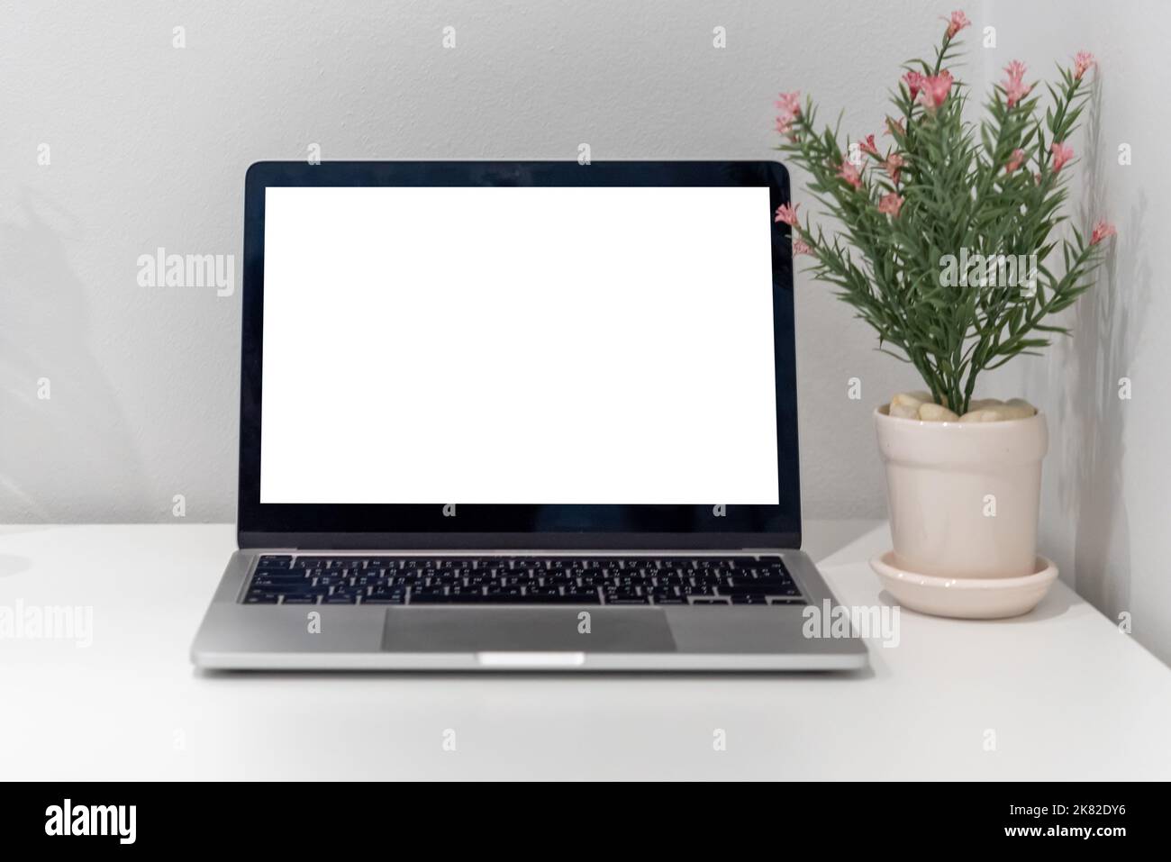 Computer laptop mock up with blank screen on desk.modern technology ...