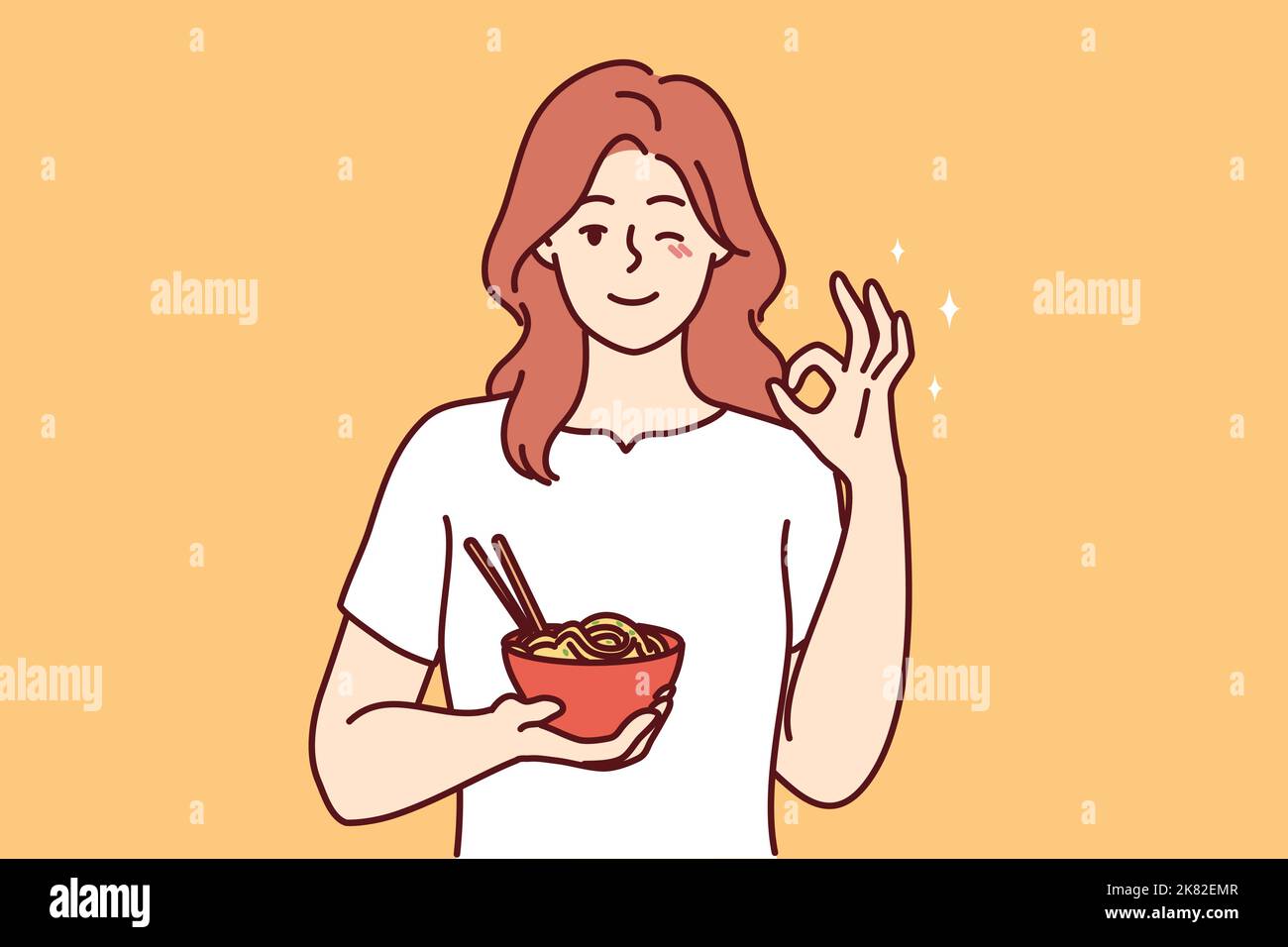 Smiling young woman eating Asian food show all right hand gesture ...