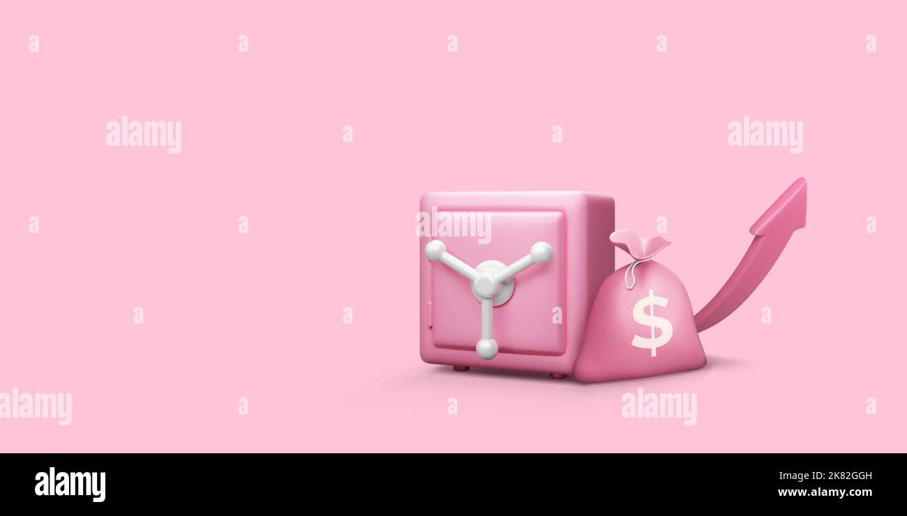 Pink 3D safe box with maney bag and rising arrow. Strongbox with lock ...