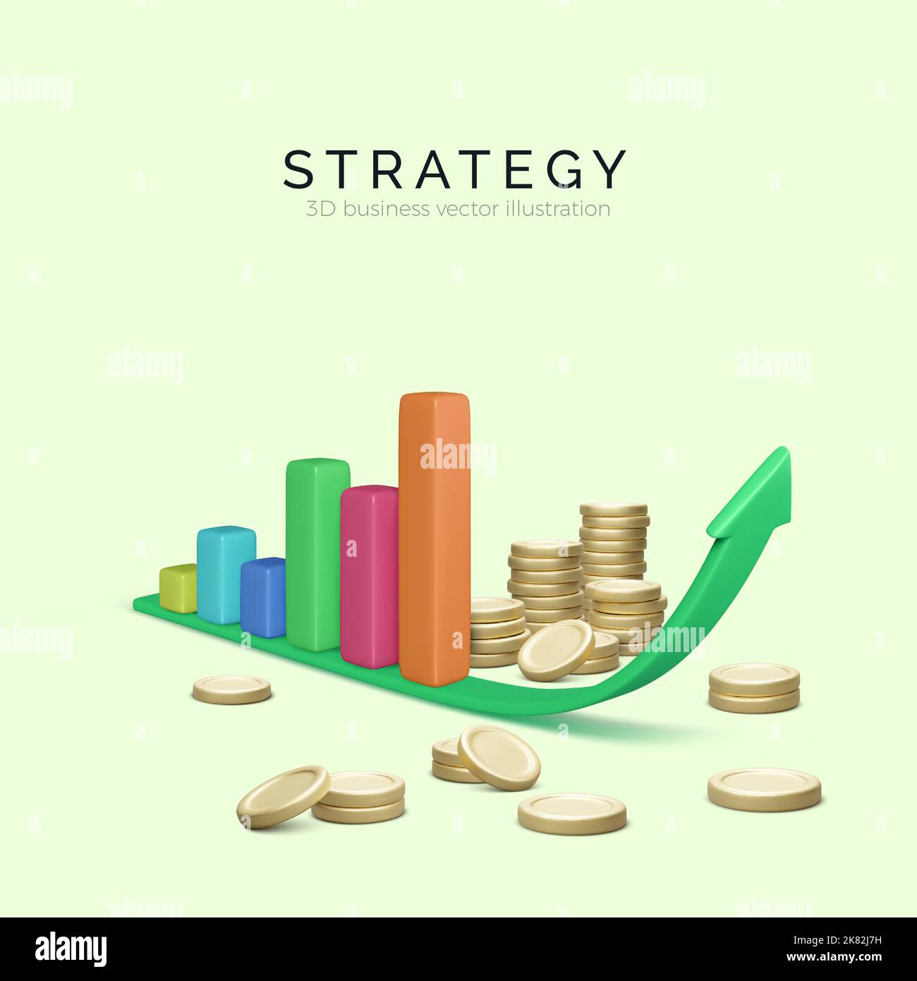 3D chart bar on rising arrow with stacks of gold coins. Statistics and analysis of business ...