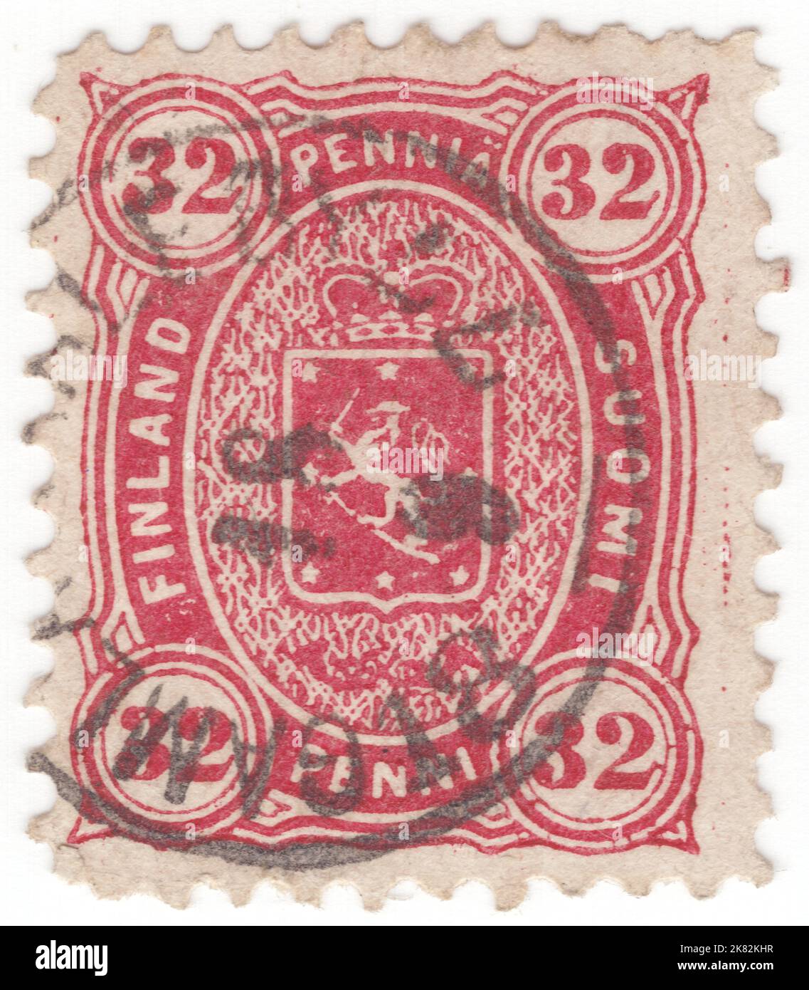 FINLAND - 1875: An 32 penni carmine postage stamp depicting Coat of ...