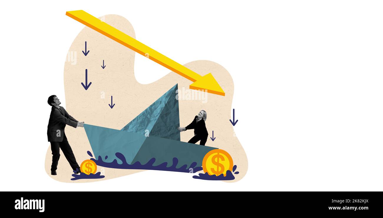 Contemporary art collage. Creative design. Group pf employees pushing ...