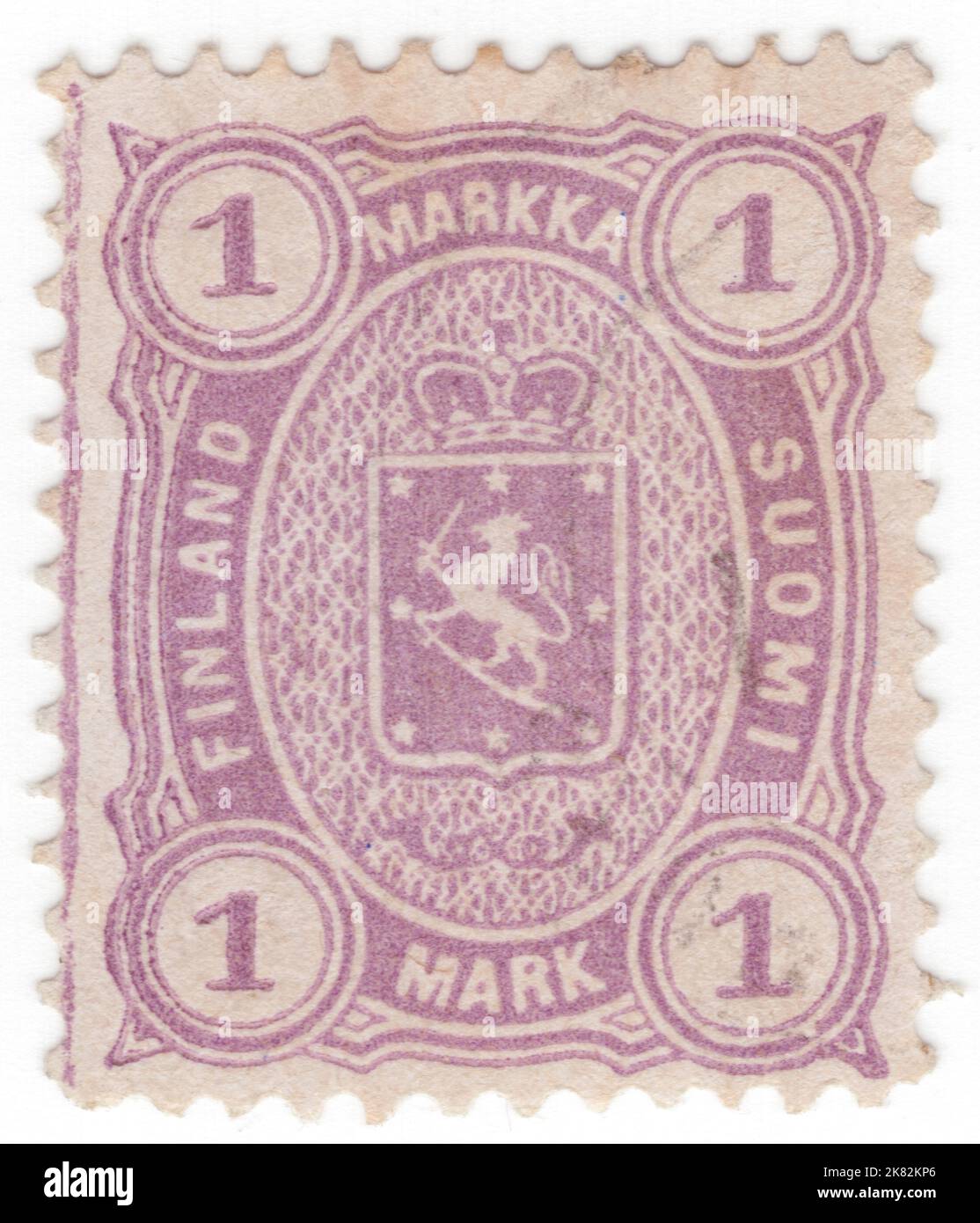 FINLAND - 1882: An 1 mark violet postage stamp depicting Coat of Arms ...